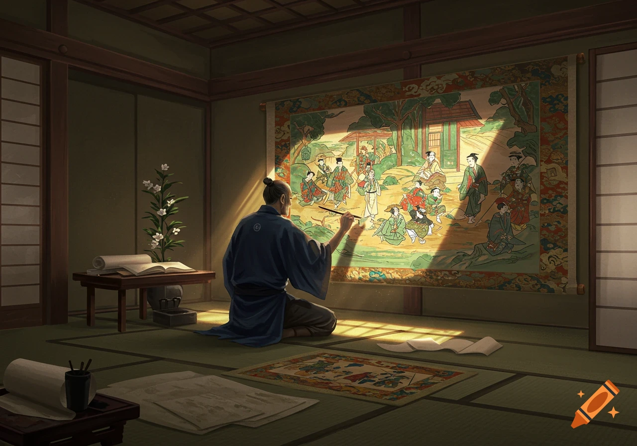 A man in a blue kimono and white socks sits on a bed, looking down with ...