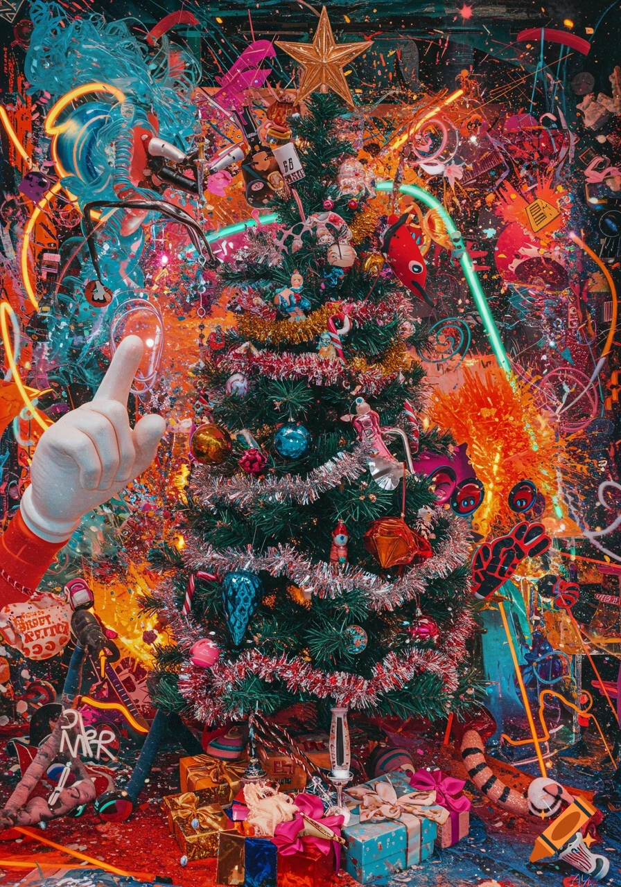 A vibrant, maximalist Christmas tree with colorful ornaments, tinsel ...