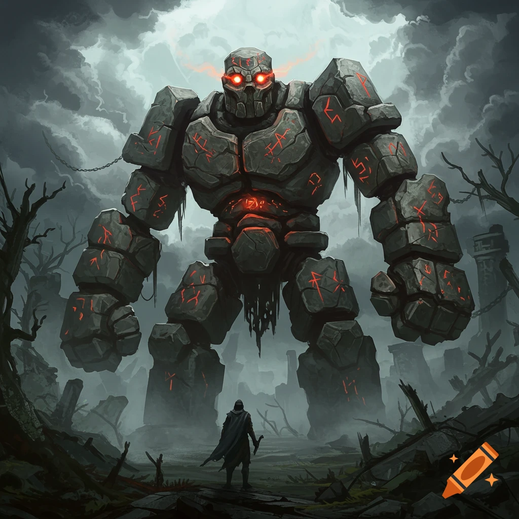 A giant, menacing stone golem with glowing red eyes stands over a small ...