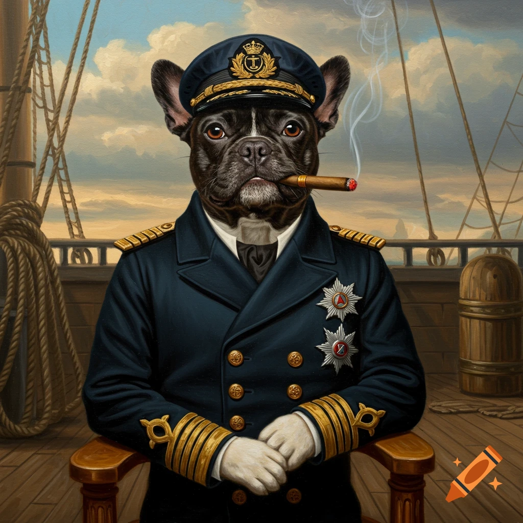 Oil painting of a French bulldog naval captain in uniform, smoking a ...