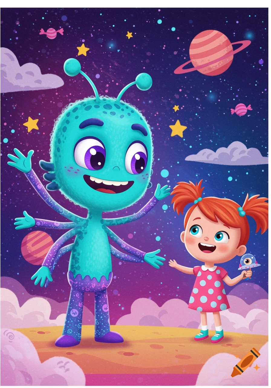 A vibrant cartoon alien with six arms and a little girl with pigtails ...