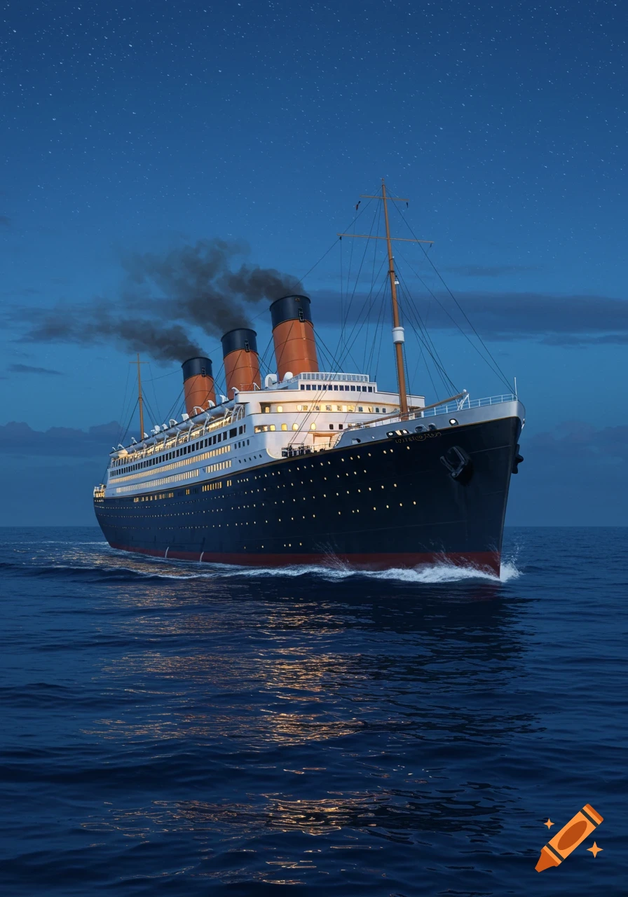 A vintage-style photo shows the large ocean liner Titanic with four ...