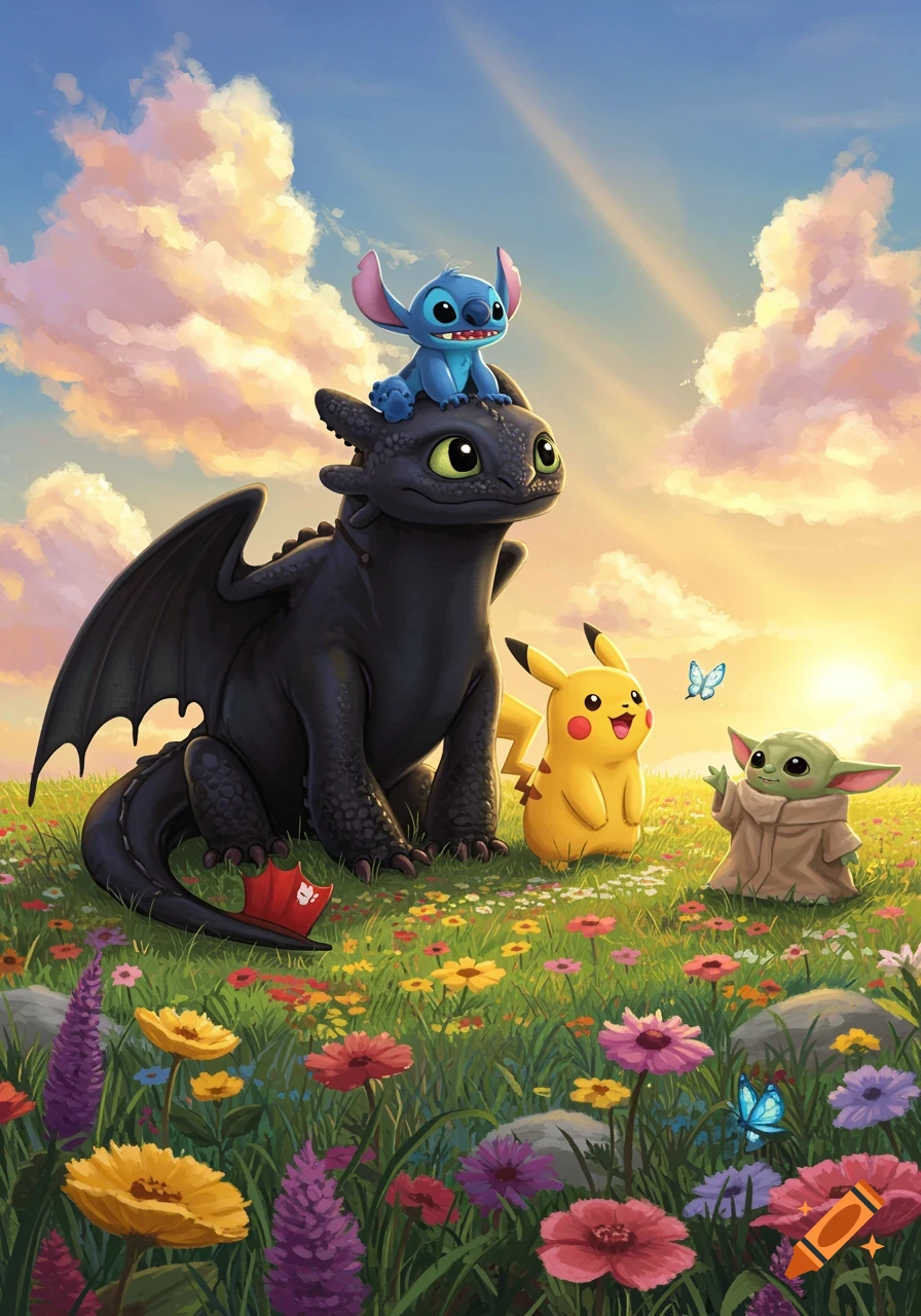 Cartoon Toothless, Stitch, Pikachu, and Baby Yoda in a sunny, flower ...