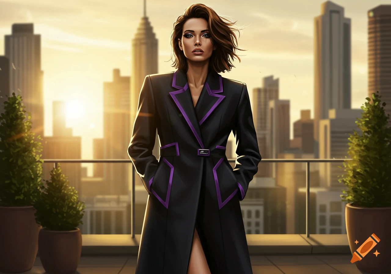 A stern woman in a black business suit stands in a modern, minimalist ...