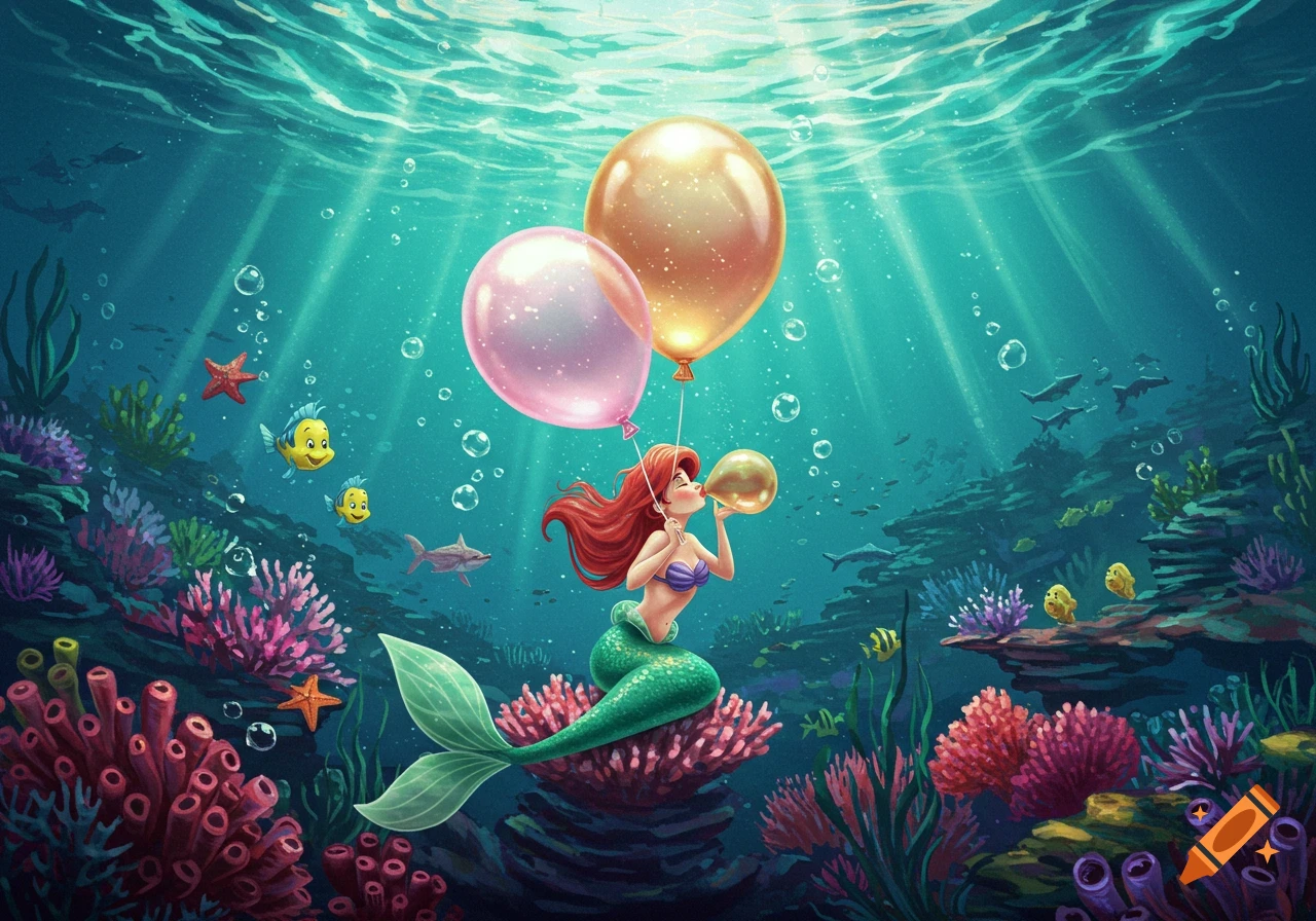 Cartoon illustration of Moana in goggles meeting Ariel the mermaid ...