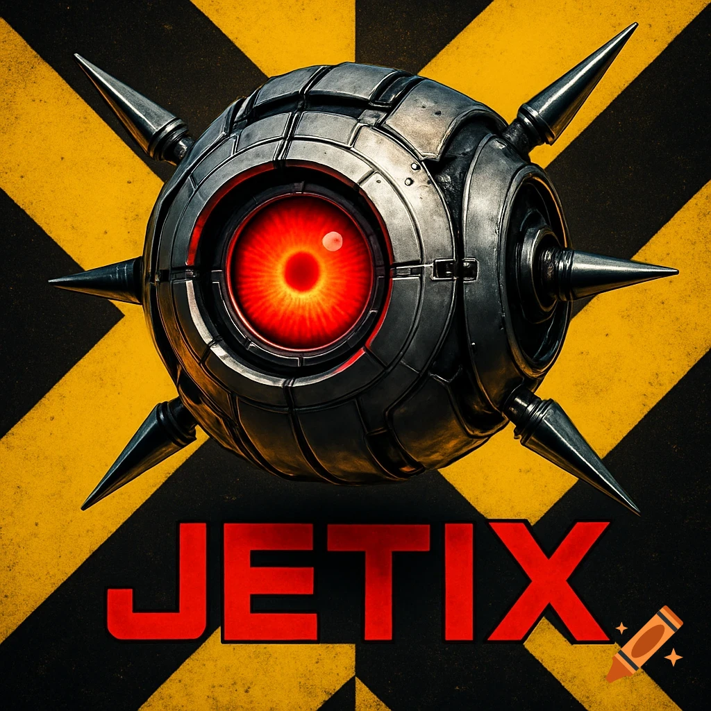 A metallic, spiky sphere with a glowing red eye against a yellow and ...