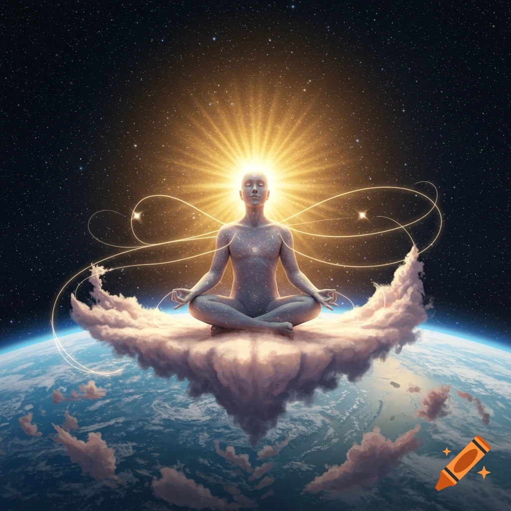A serene, glowing figure meditates in lotus position on a cloud above ...