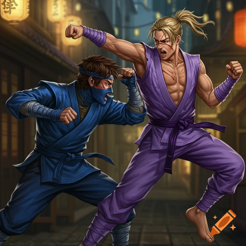 Two stylized male ninjas fight in a dimly lit alley with lanterns. One in blue, masked, punches ...