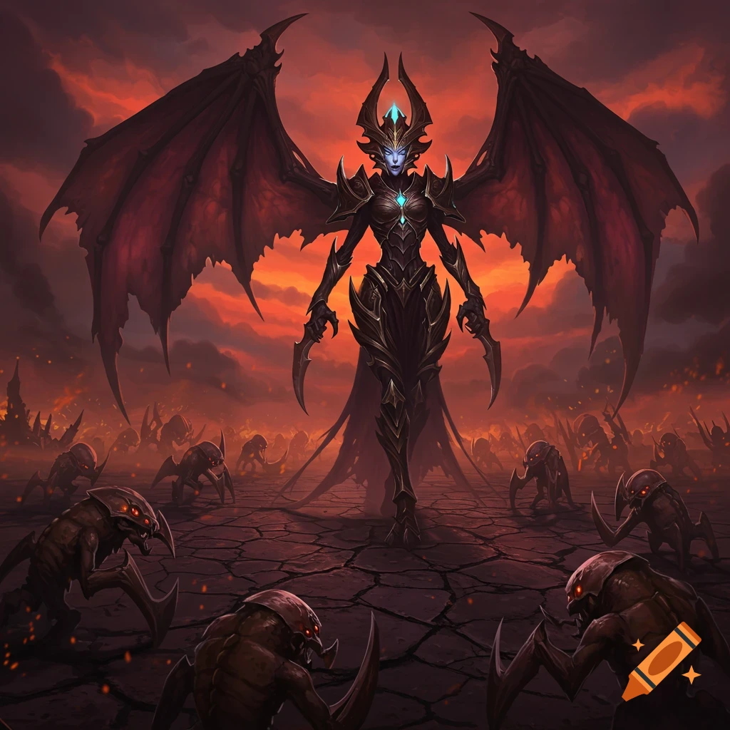 A fiery demon with horns and armor sits on a dark, spiky throne ...