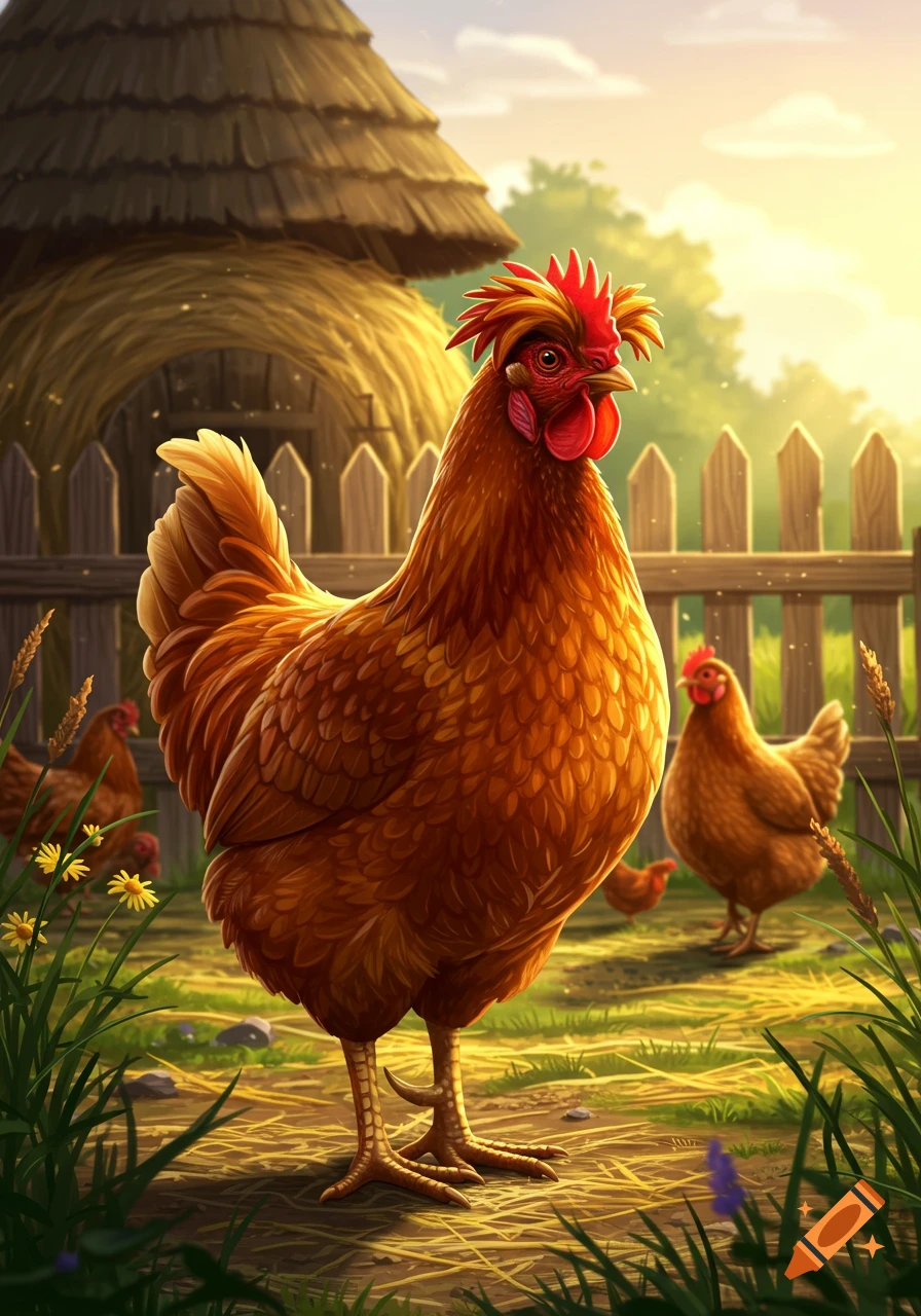 A cartoon rooster in a blue suit and red bow tie walks in a grassy ...