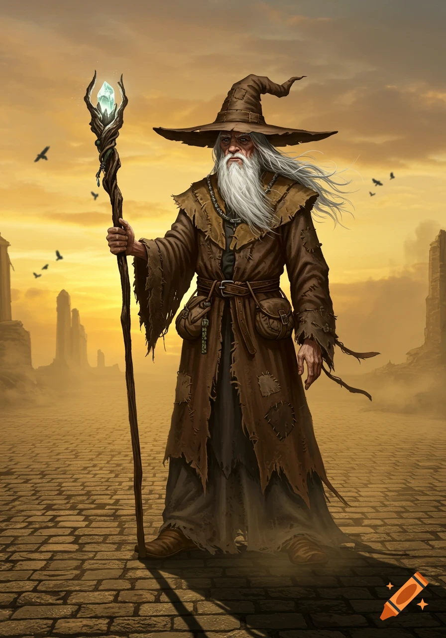 An old wizard in a tattered brown robe and hat holds a glowing crystal ...