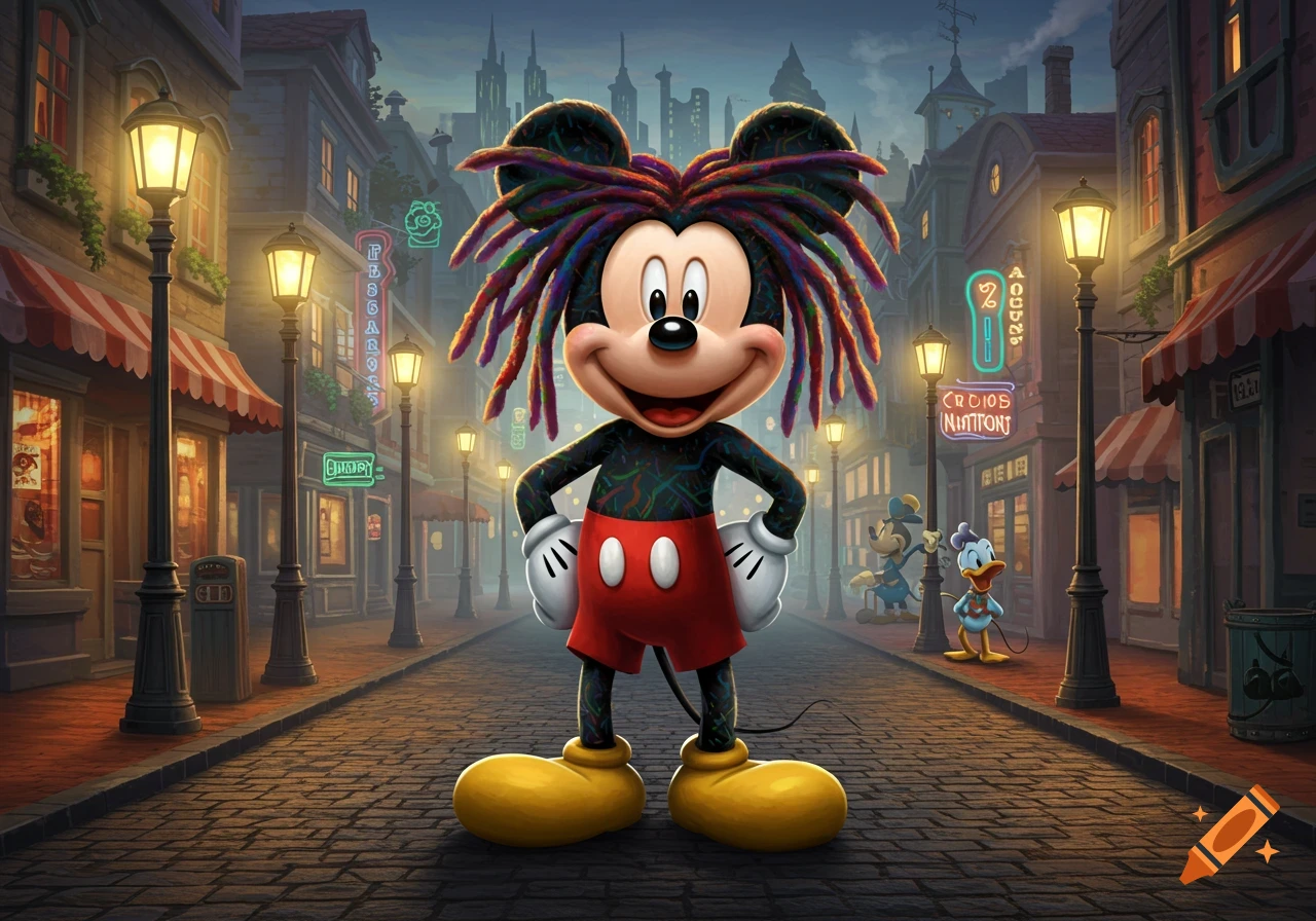 Mickey Mouse stands alone on a wet cobblestone street at night ...