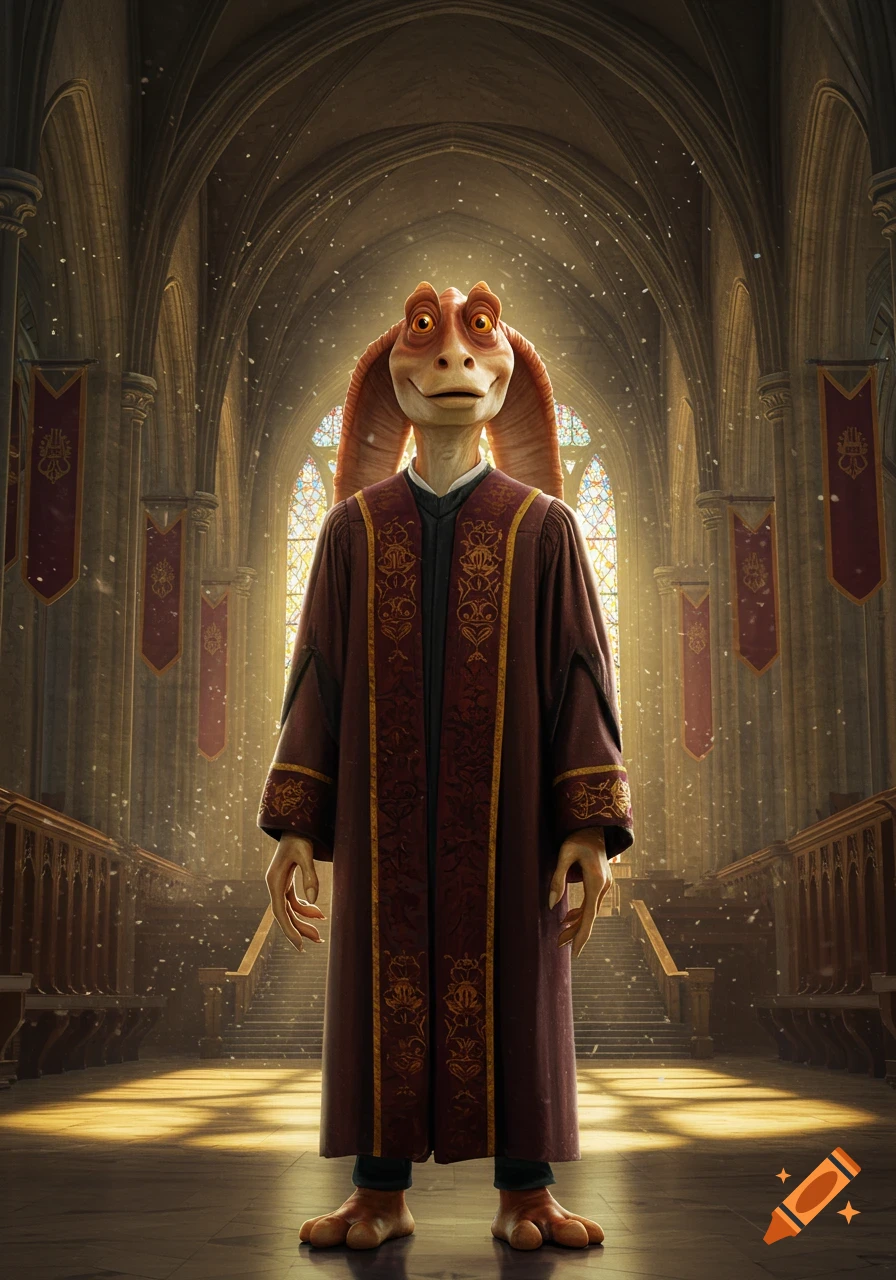 Photorealistic Jar Jar Binks in a dean's robes stands smiling in a ...