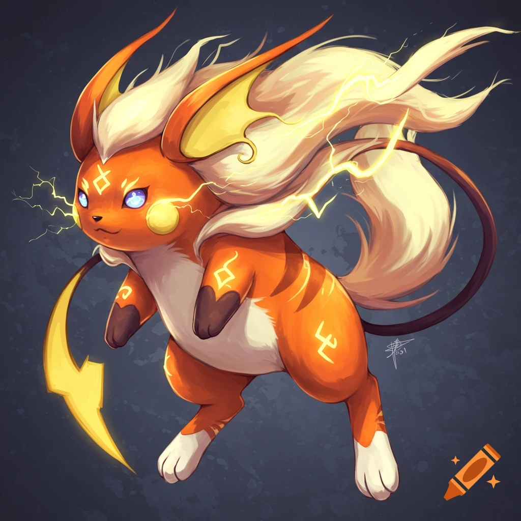 An orange, fox-like creature resembling a Mega Raichu with white fur ...
