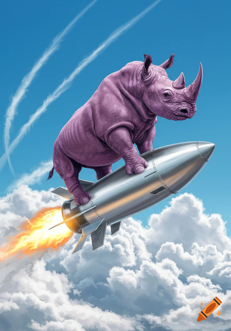 A purple rhino riding a silver rocket through a blue sky with clouds ...