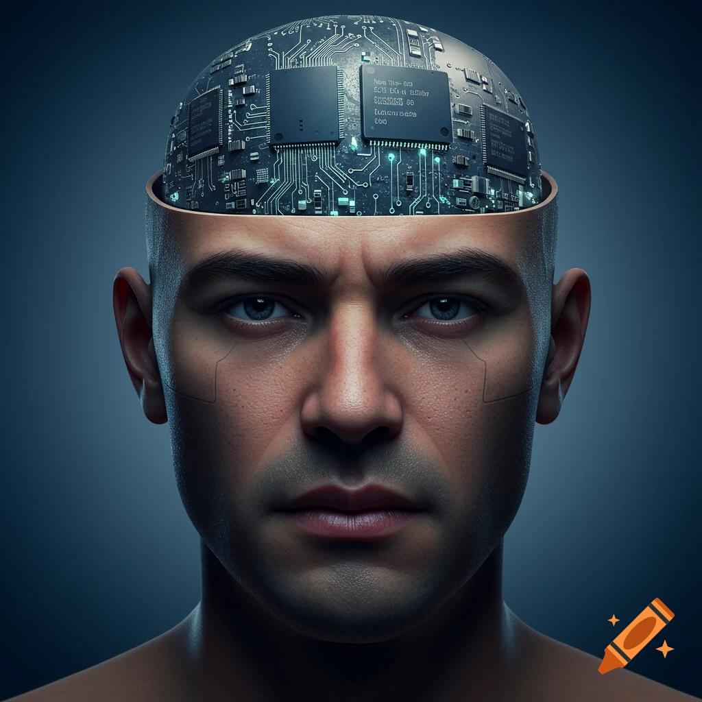 A human face split vertically down the middle, one half composed of ...