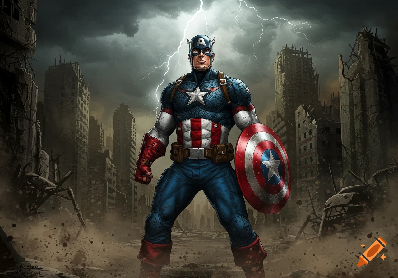 Captain America stands heroically in a ruined city under a stormy ...
