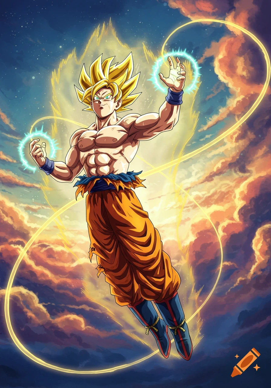 Goku in Super Saiyan form, floating with glowing blue energy orbs in ...