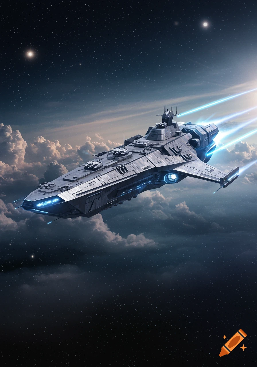 A sleek, futuristic grey space fighter ship flies above Earth's clouds ...