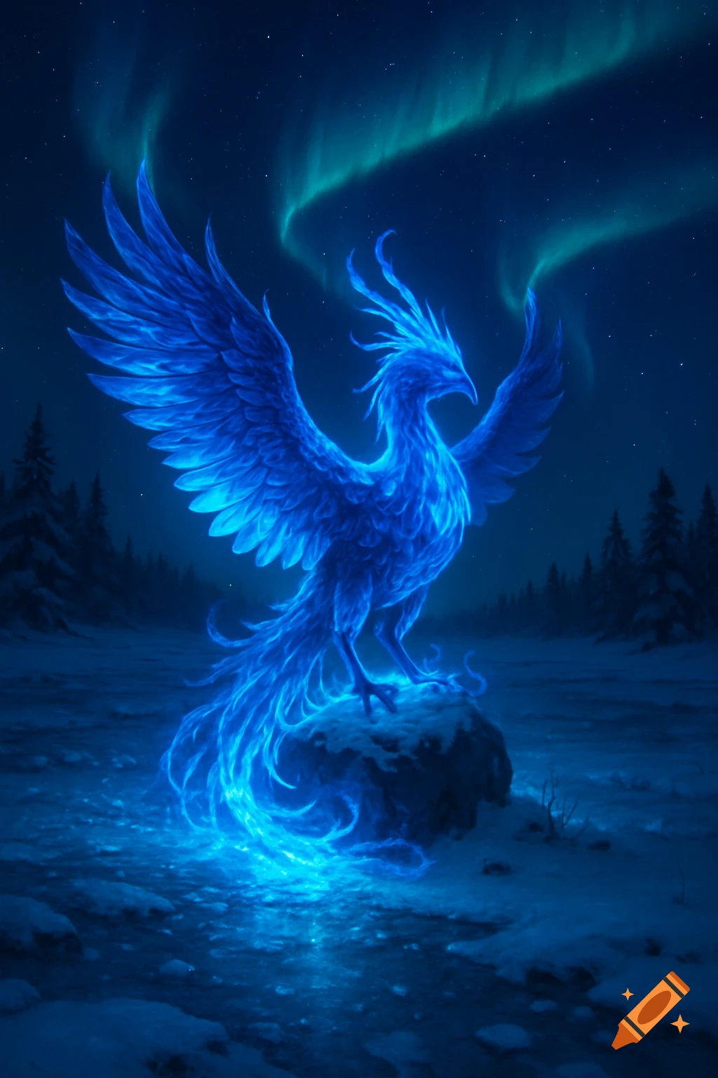 A glowing blue ethereal swan in a snowy forest at night with falling ...