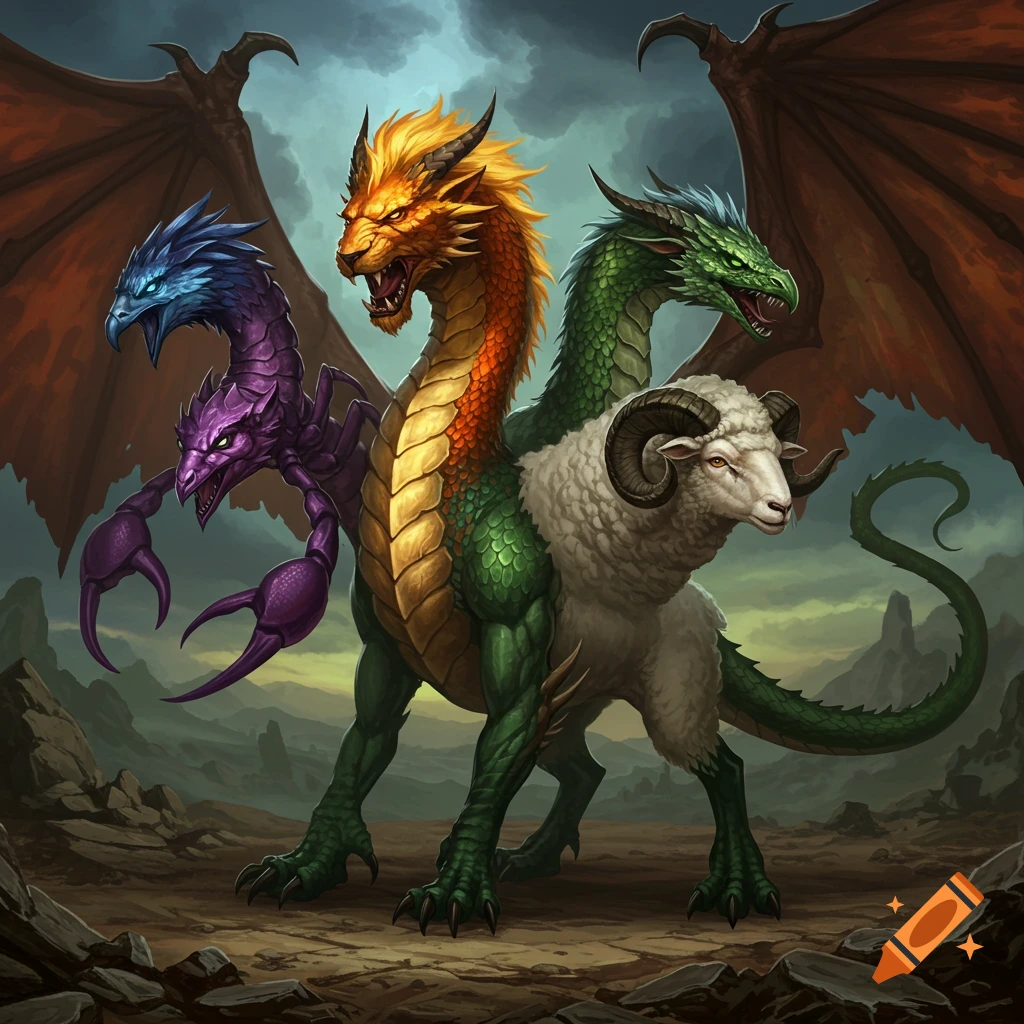 A five-headed chimeric creature with large wings, a green dragon-like ...