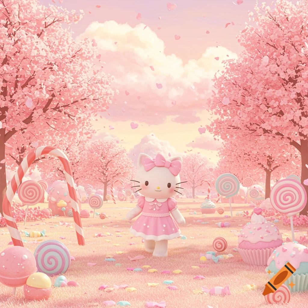 Hello Kitty with a large, toothed Labubu mouth in a pastel candy land ...
