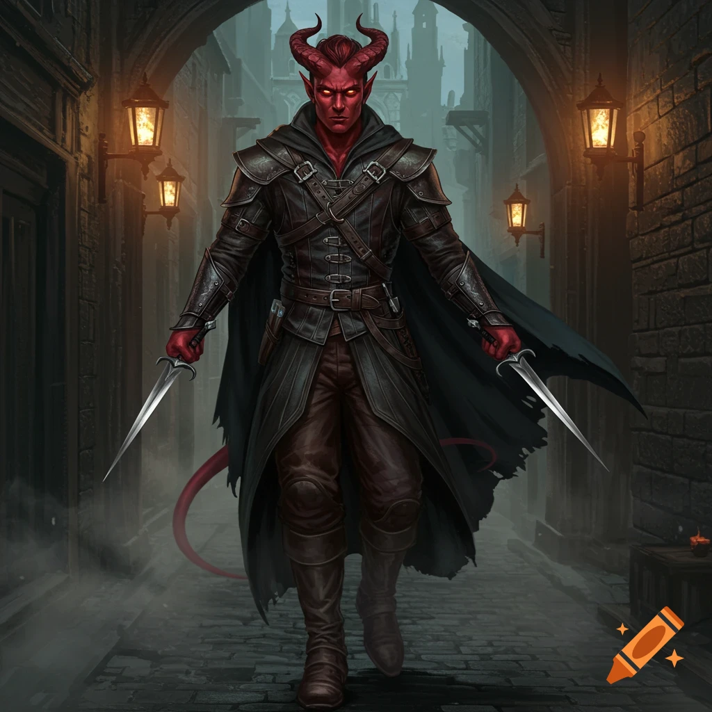 A red-skinned tiefling assassin with horns and a tail walks through a dark, misty alley holding ...