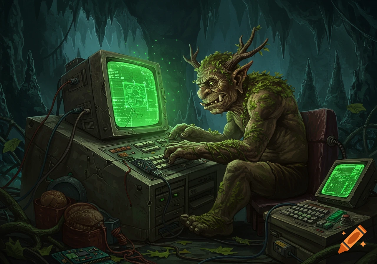 A large, creepy plastic tree with a cartoon face stands in the center ...