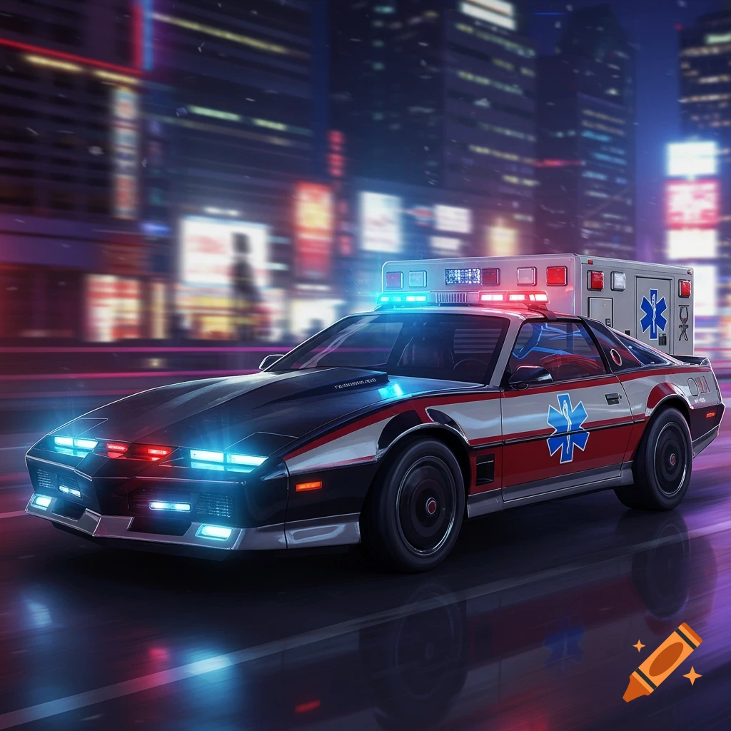 A stylized black and red Knight Rider KITT car modified as an ambulance ...