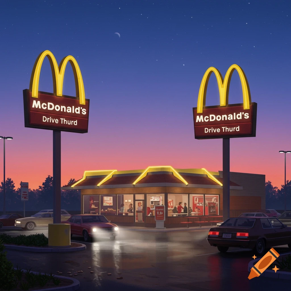 A spooky, dark McDonald's restaurant in a forest with a shadowy ...