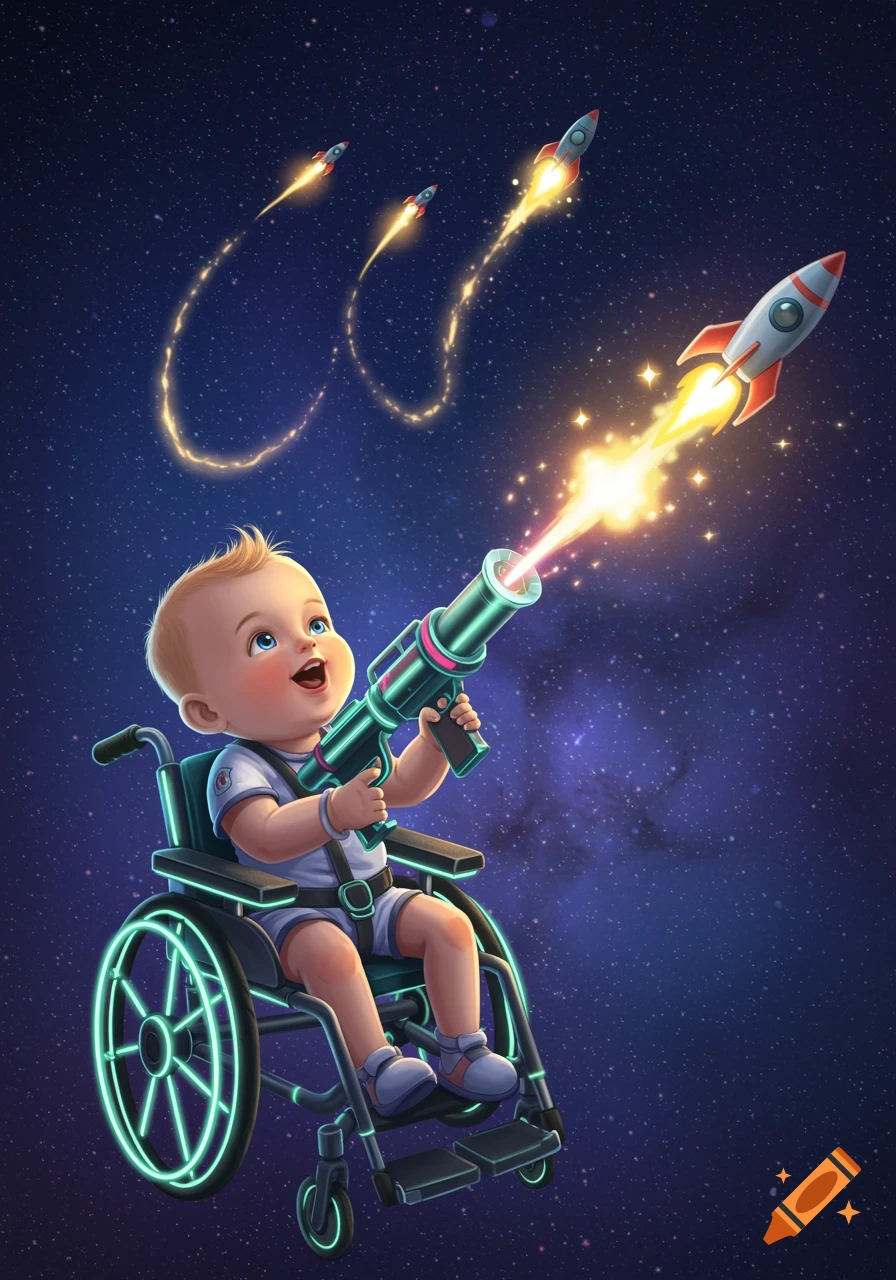 A happy bald Black boy in a rocket-powered wheelchair flies through a ...