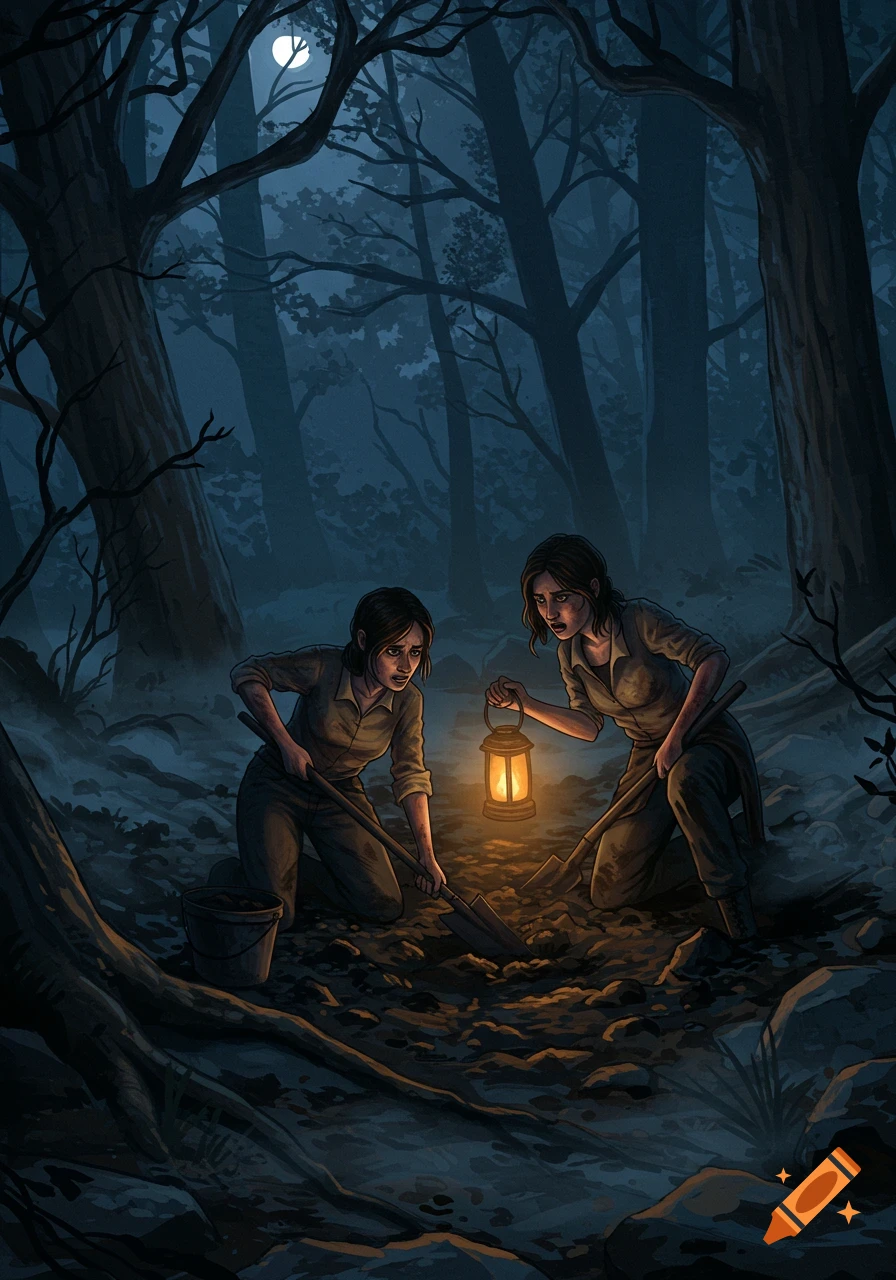 Two women dig by lantern light in a dark, moody forest at night ...