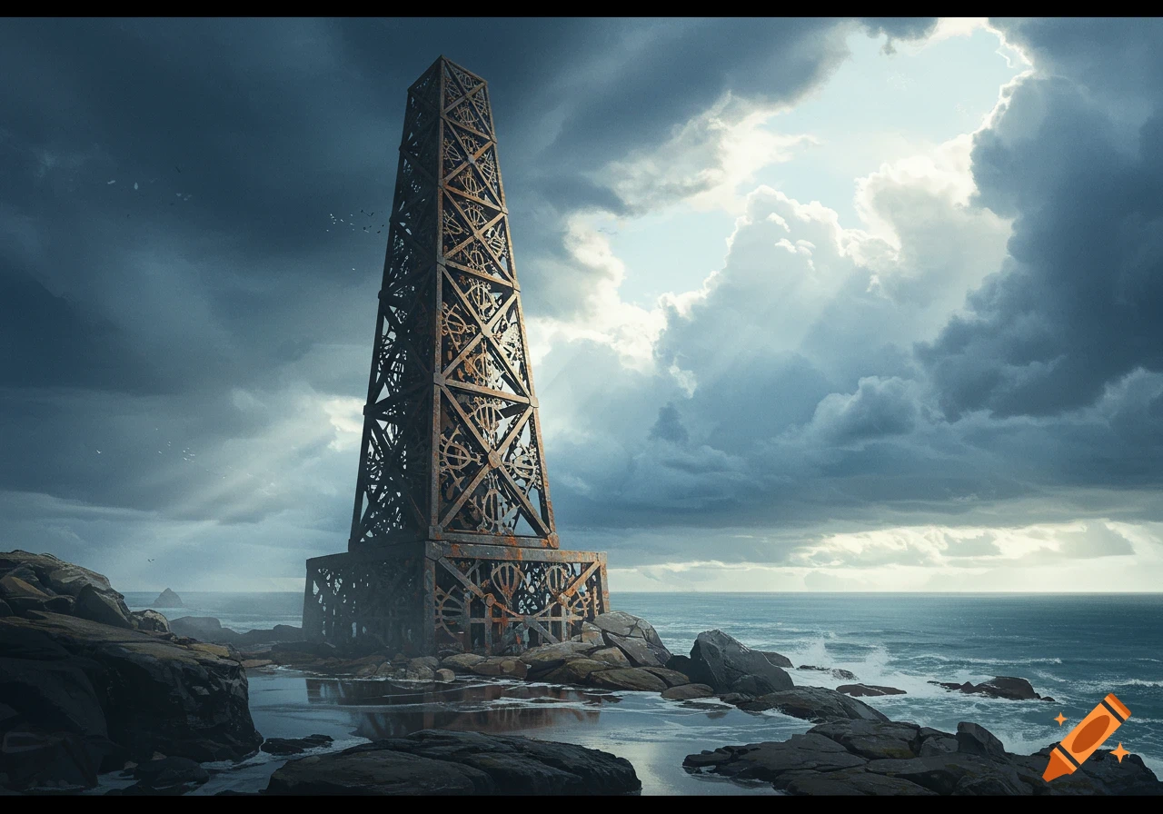 A tall, rusted metal tower with intricate latticework stands on a rocky ...