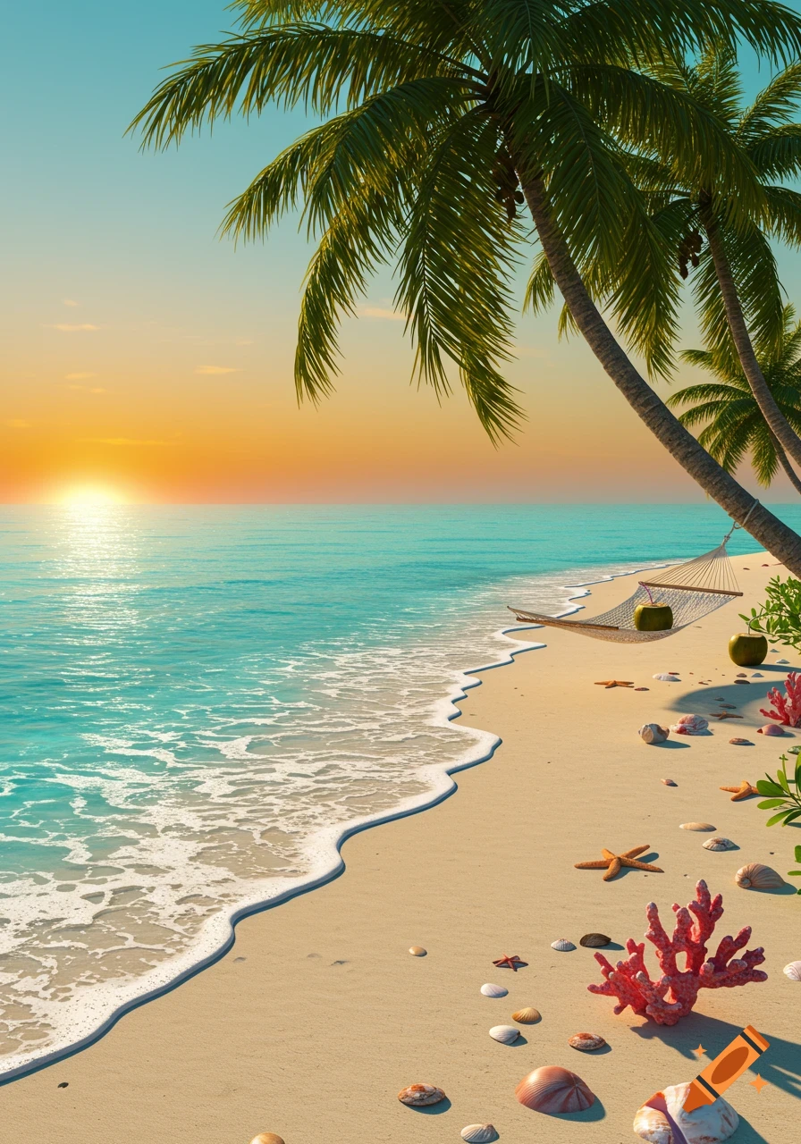 Painterly beach scene with a wooden lounge chair, turquoise towel, palm ...