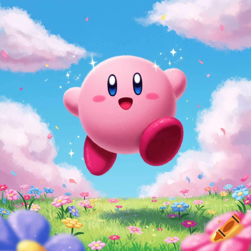 A vibrant illustration of pink Kirby jumping above a glowing platform ...