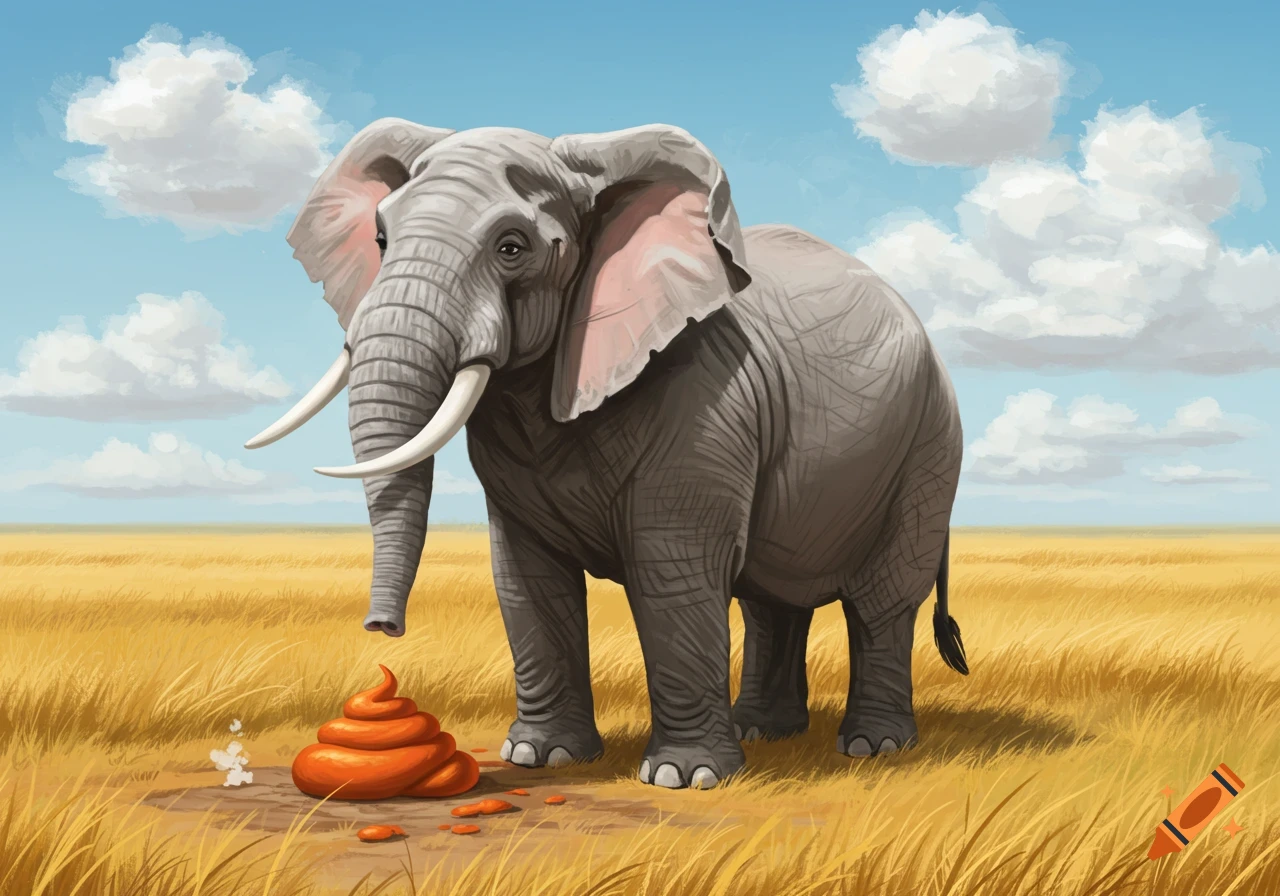 A whimsical elephant flies across a blue sky with a colorful parachute ...