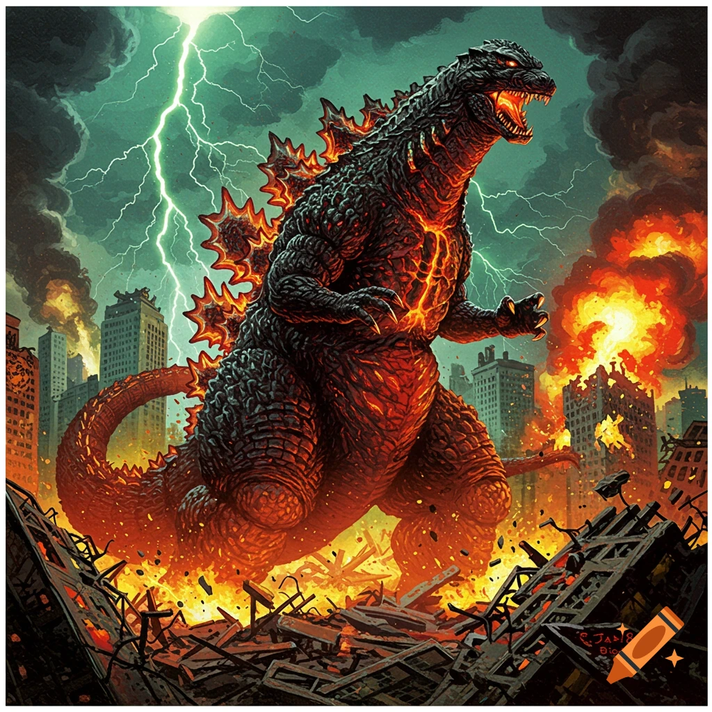 Godzilla enjoying a pile of sushi rolls in an oil painting on Craiyon