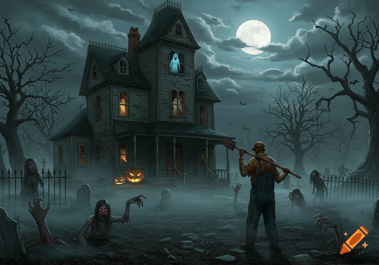 A dark Halloween illustration of a haunted house, cemetery, and zombies ...