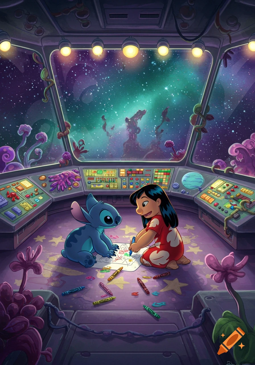 Lilo, Nani, and three aliens pilot a spaceship through a pink esophagus ...