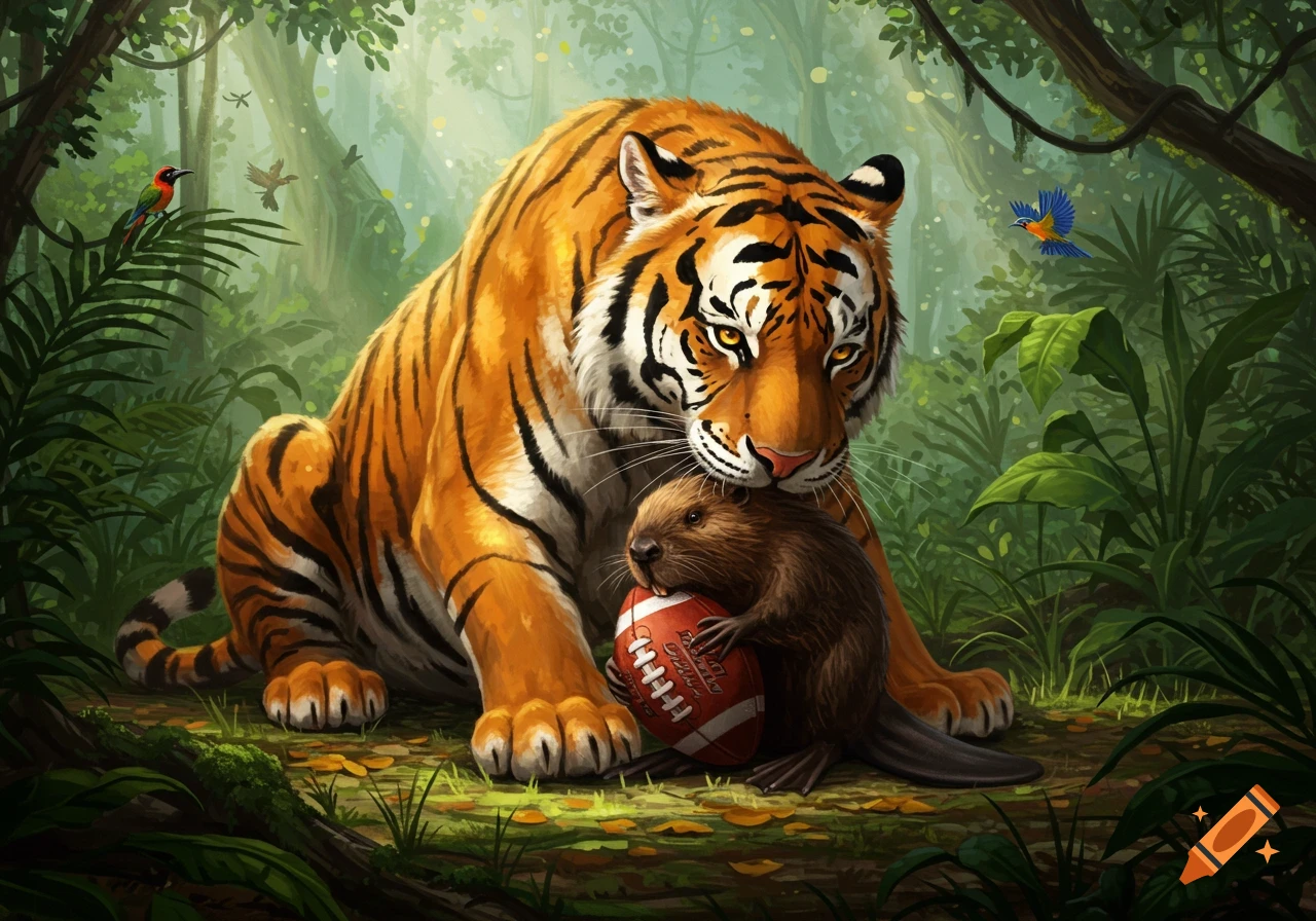 A friendly tiger gently nuzzles a beaver holding a football in a lush ...