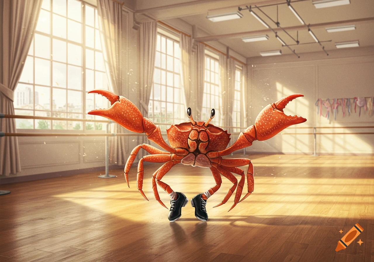 A whimsical illustration of a crab wearing tap shoes posing in a sunlit ballet studio. on Craiyon