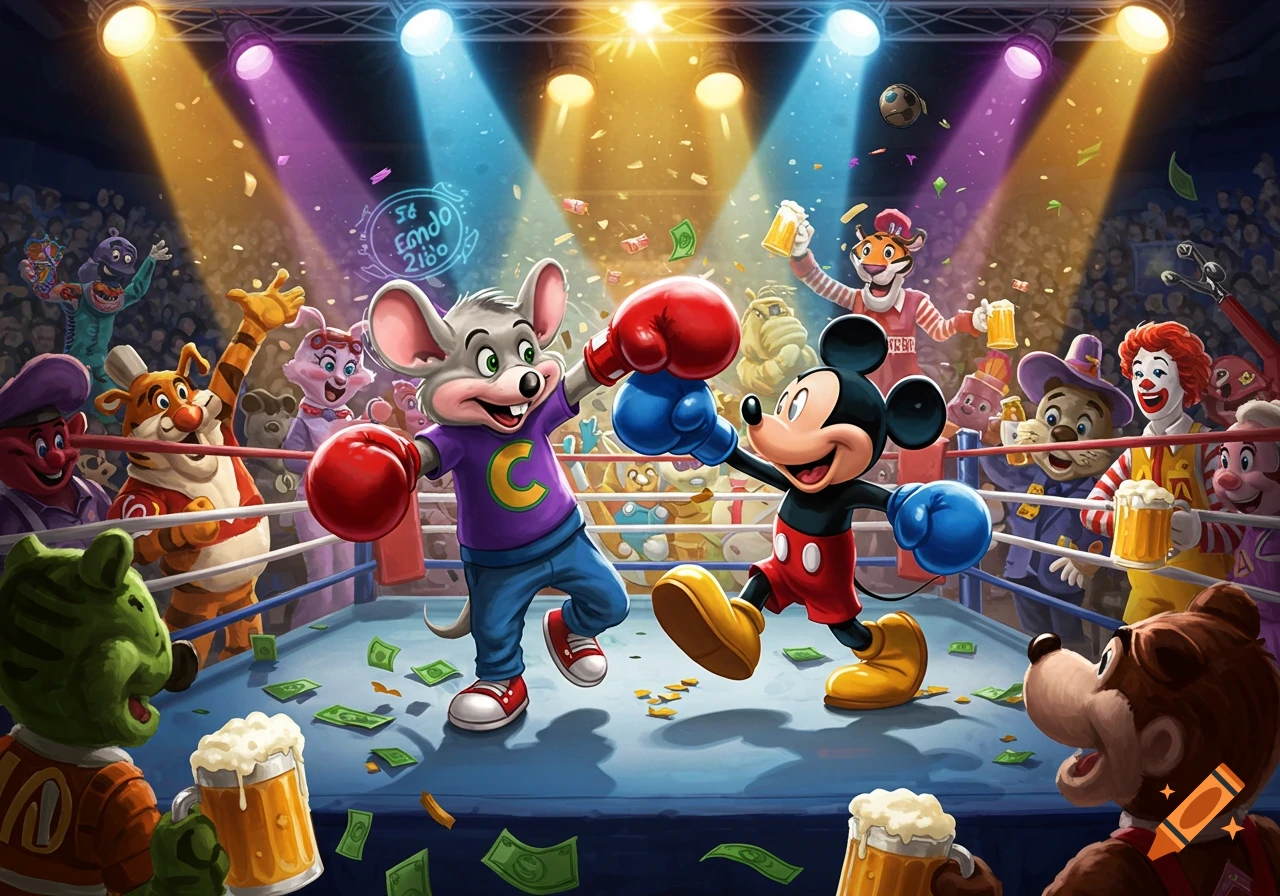 Mickey Mouse, Donald Duck, and Goofy playing hockey on ice in an arena ...