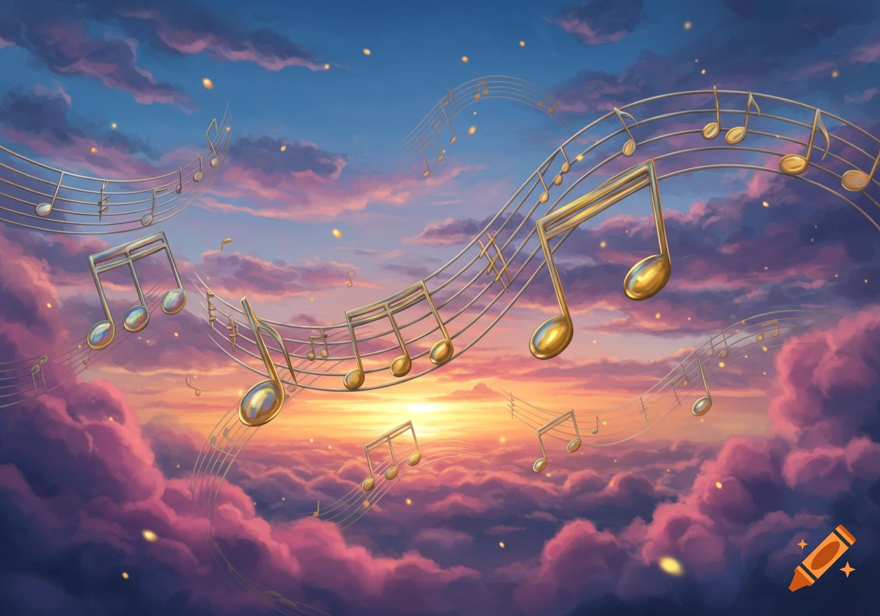 A mystical, glowing landscape with golden musical notes floating in a ...