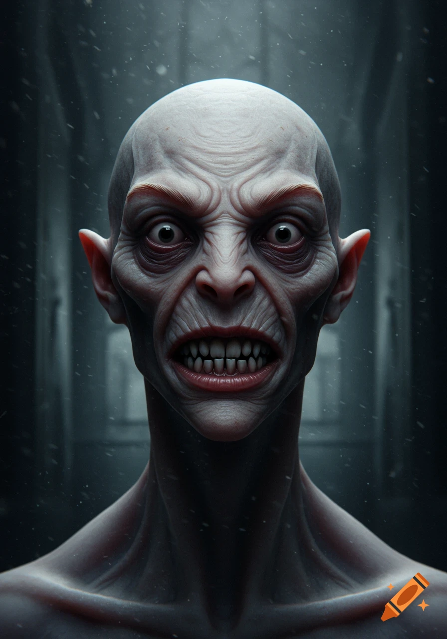 Close-up of a pale, gaunt horror face with glowing red eyes screaming ...