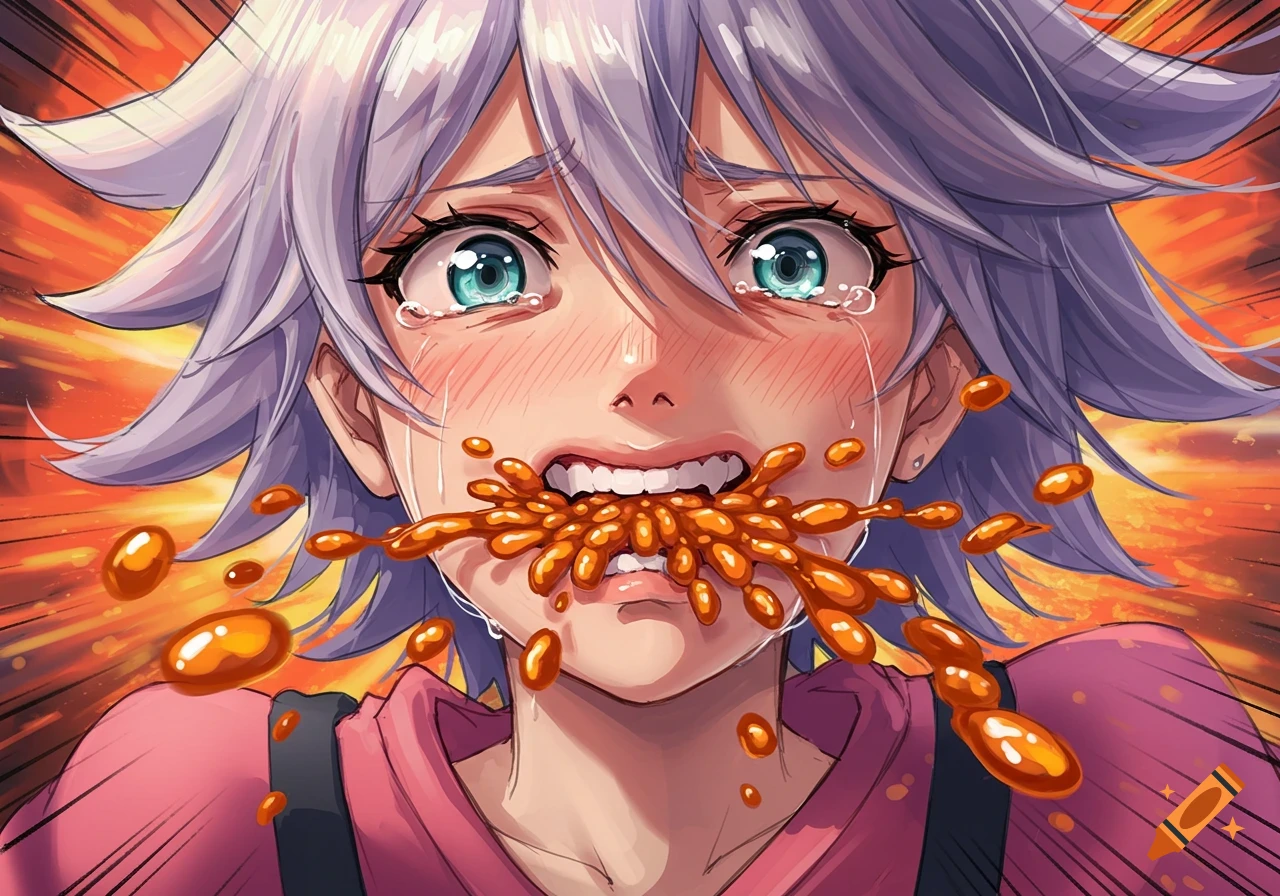 An anime girl screaming and crying while spewing baked beans from her ...
