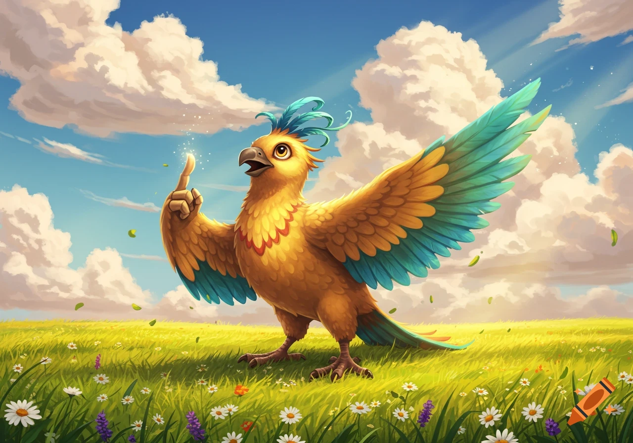 A cute, fluffy white baby griffin with rainbow wings sits on a ...