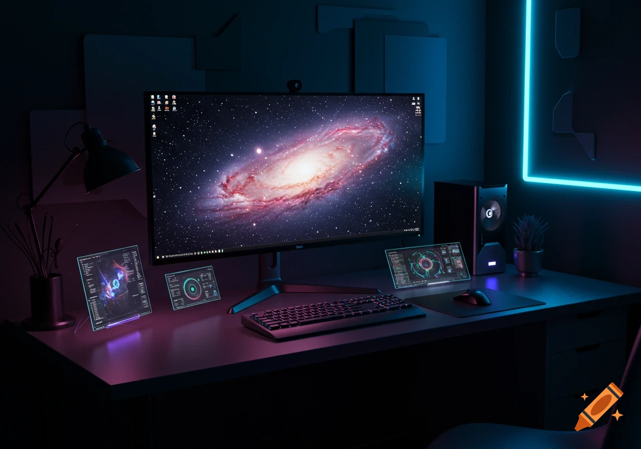 A modern gaming PC setup with a desktop computer, monitor, keyboard, and mouse, all featuring ...