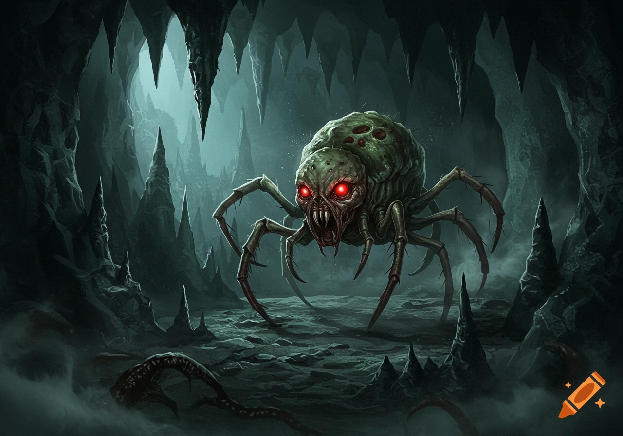 A large, dark spider with glowing green eyes in a misty, moonlit forest ...