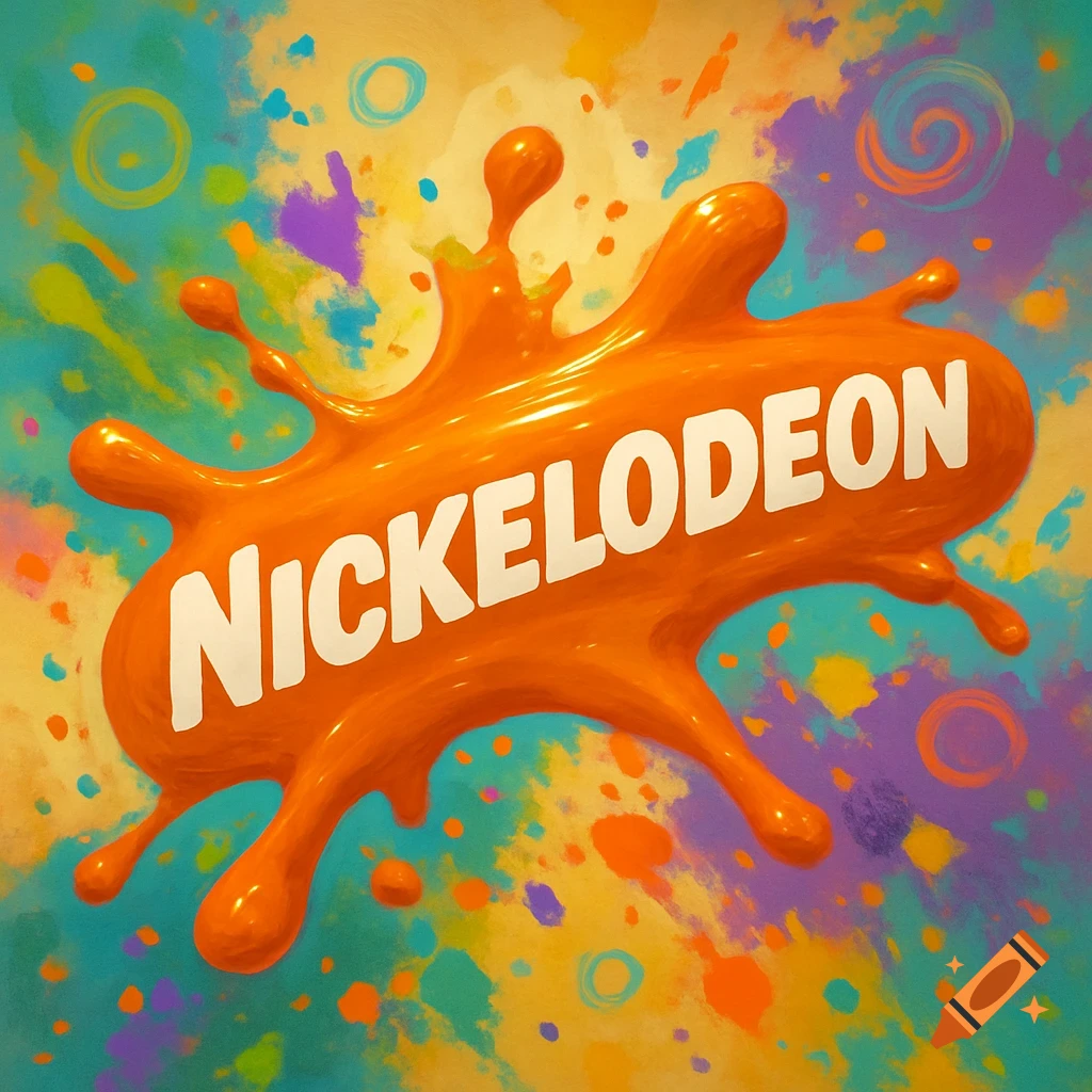 Orange Nickelodeon logo with colorful paint splatters and white clouds ...