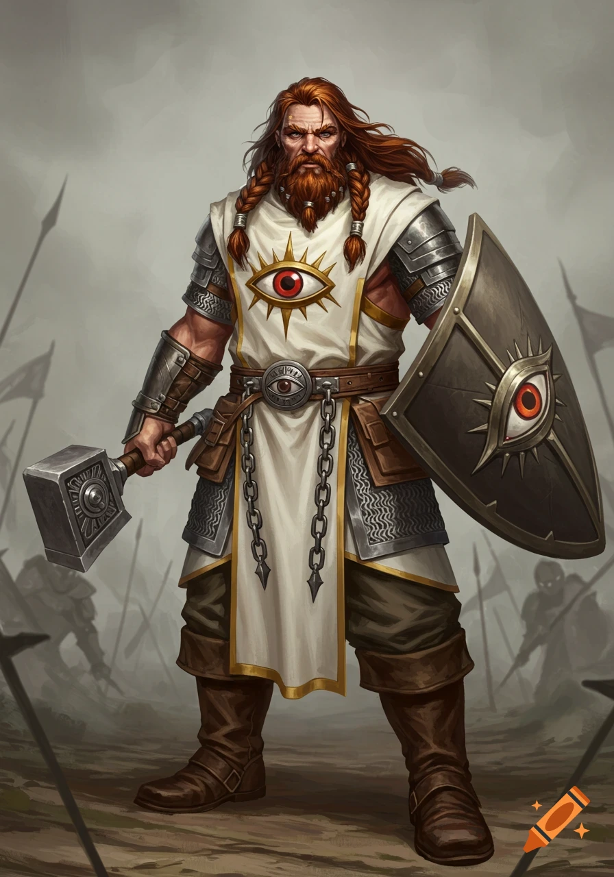 A red-haired, bearded warrior in white and silver armor with an eye ...
